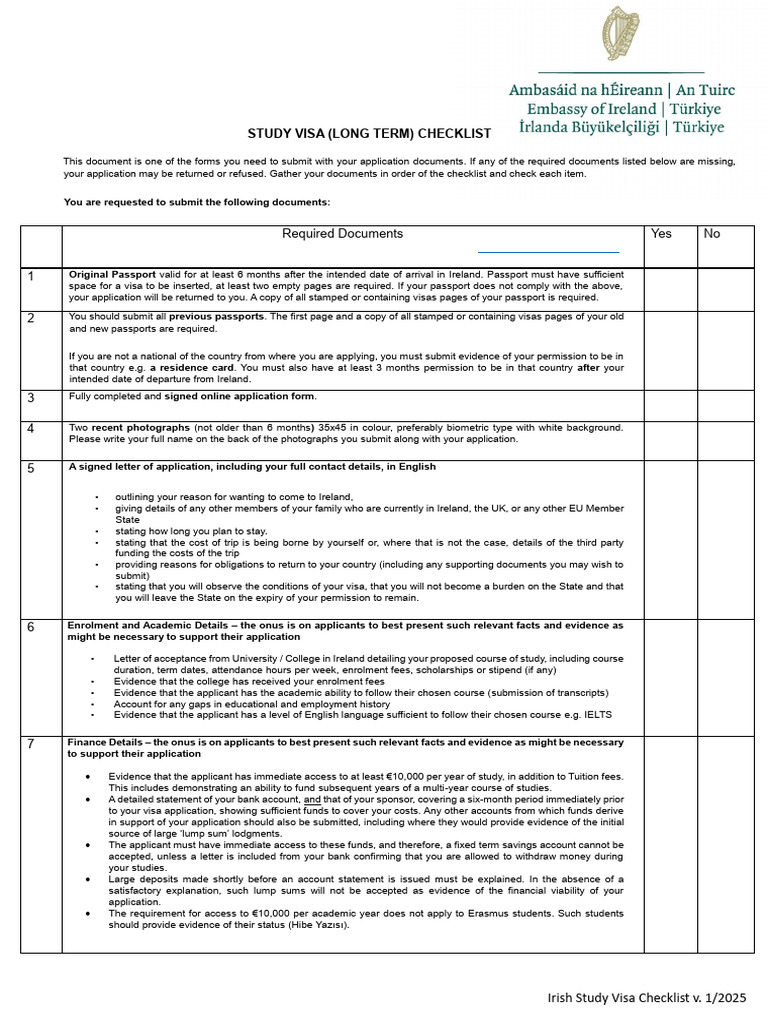 Irish Study Visa Application Checklist | PDF | Travel Visa | Passport