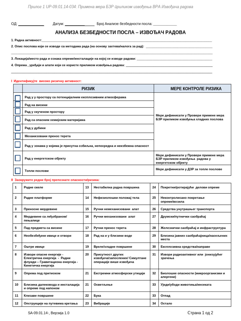 Prilog 1 - Analiza Bezbednosti Posla | PDF