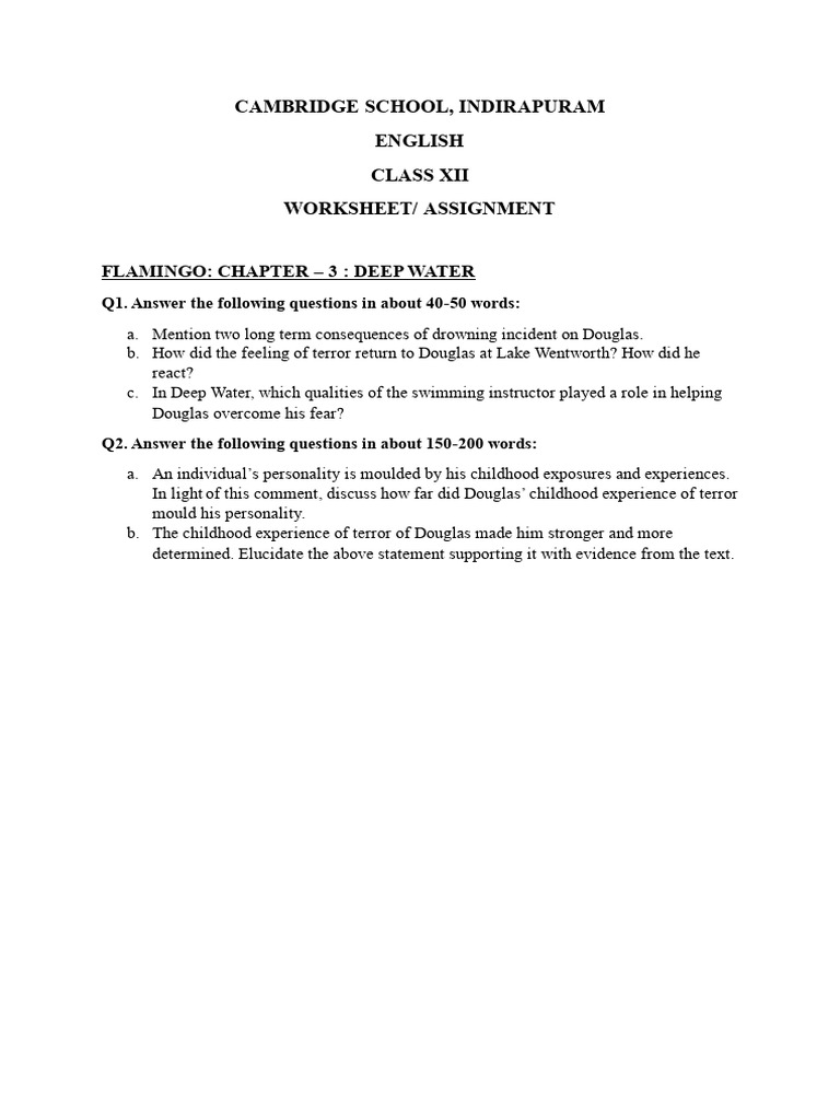 April - Class Xii - Worksheet - 4 - Deep Water | PDF