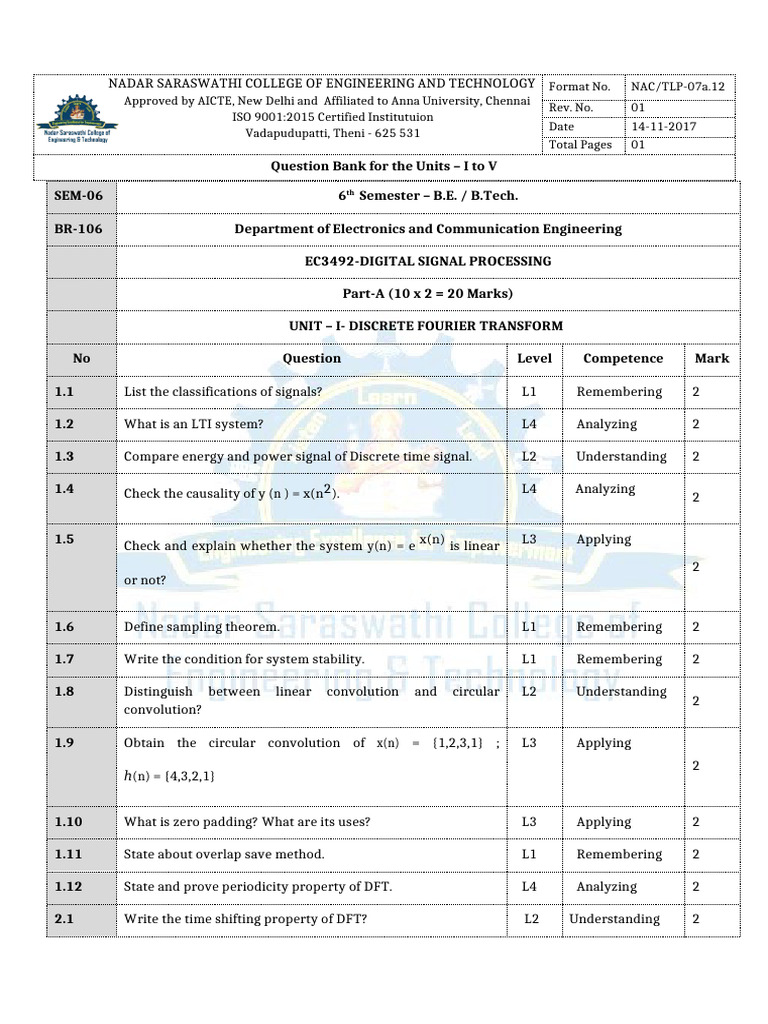 EC3492 Question Bank Updated2 | PDF | Discrete Fourier Transform | Filter (Signal Processing)
