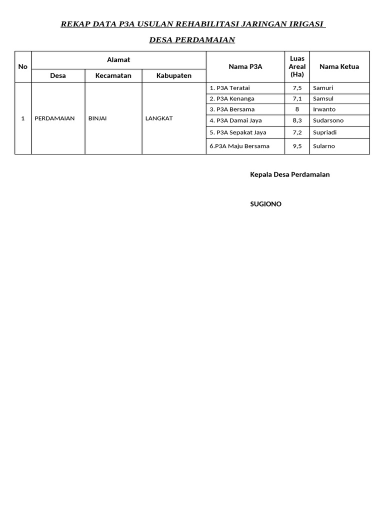 Data P3a Usulan Jaringan Irigasi Desa Perdamaian | PDF