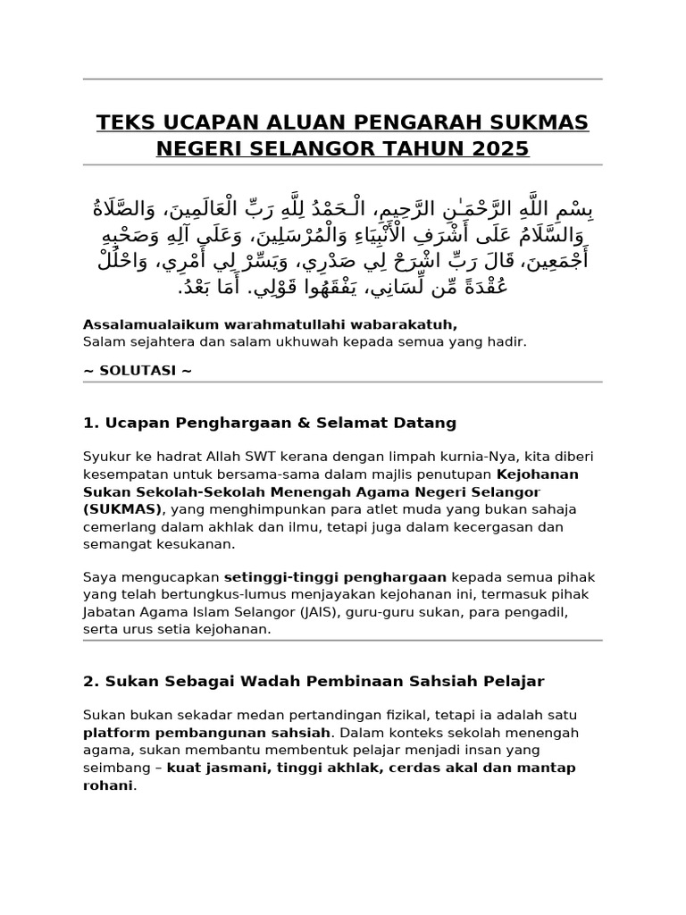 Ucapan Aluan Pengarah SUKMAS 2025 | PDF
