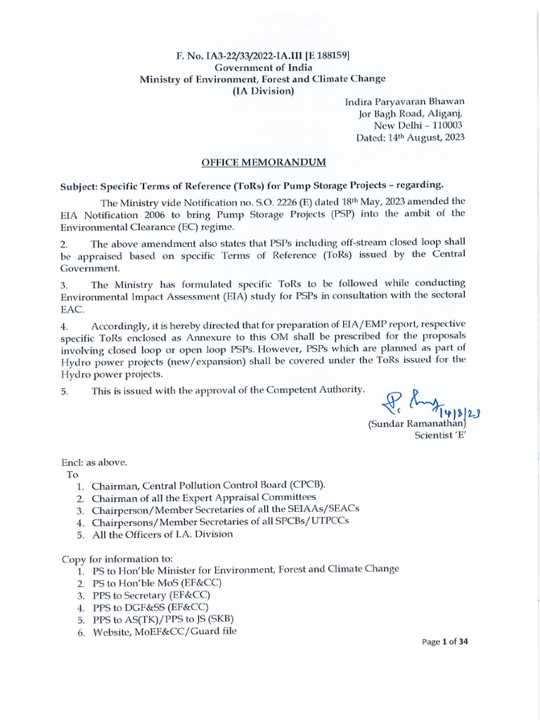 MOEF Guidelines For EIA & EMP Study of PSP Projects (OM - 14!08!2023) | PDF
