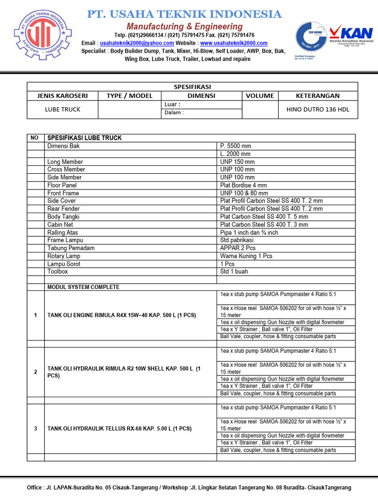 Spek Lube Truck 7 Modul Hino Dutro 136 HDL | PDF | Mechanical Engineering | Gas Technologies
