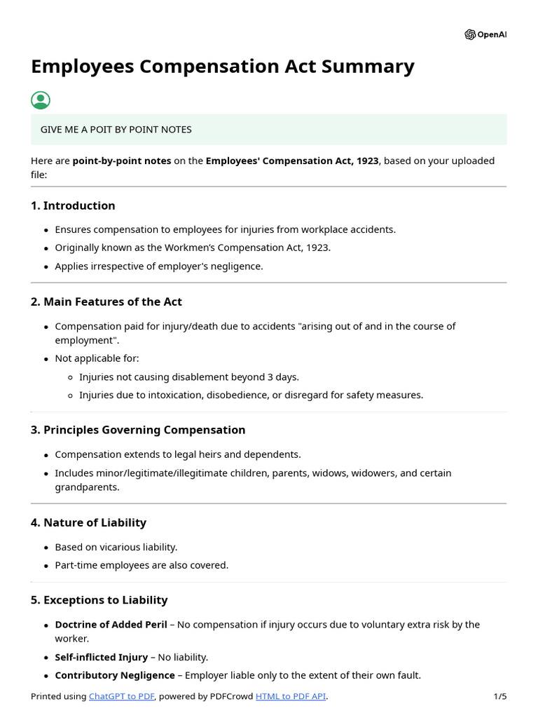 Employees Compensation Act Summary | PDF | Legal Liability | Employment