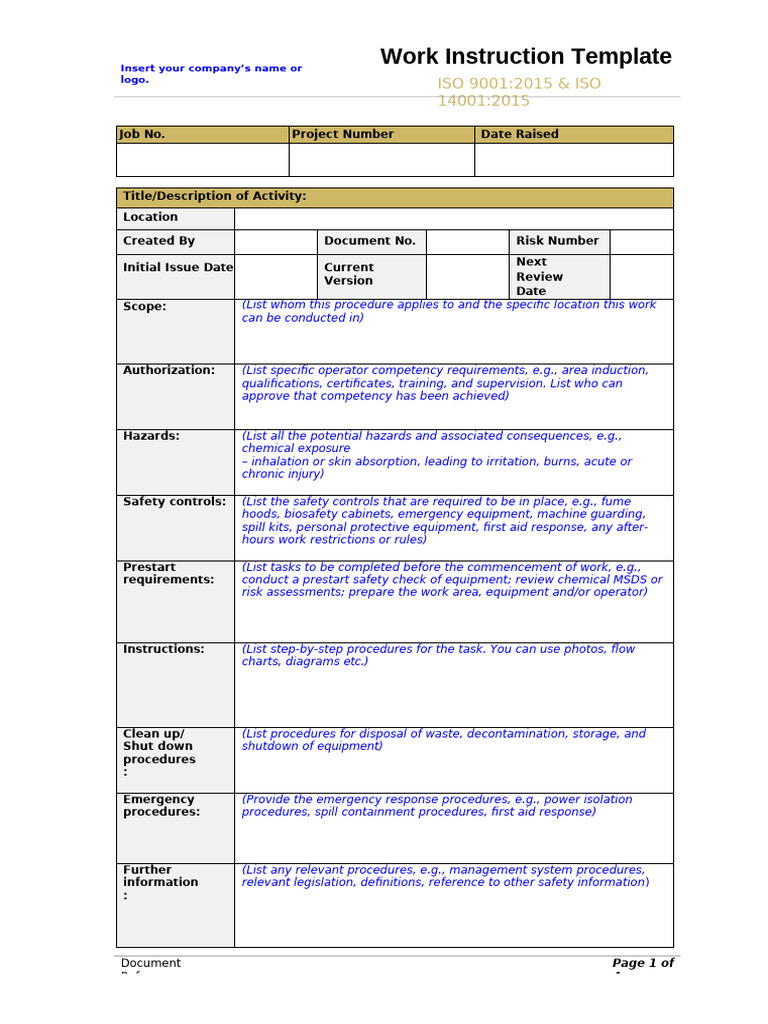 ISO9001+ISO14001 Work Instruction Template Sample | PDF | Workplace ...