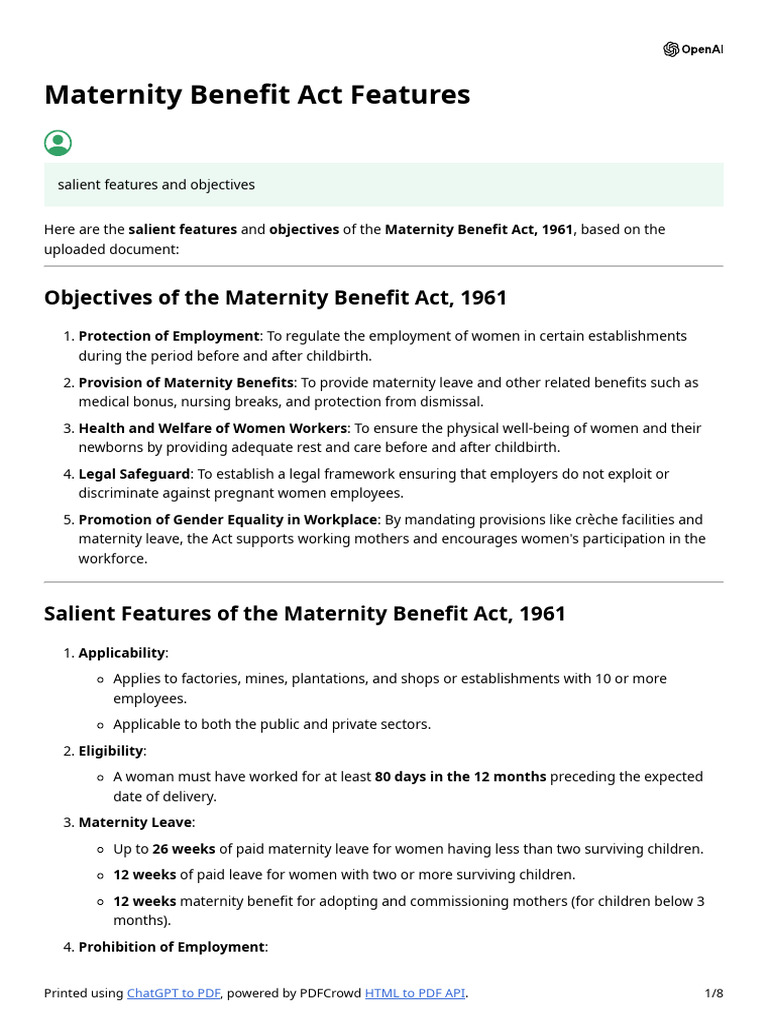 Maternity Benefit Act Features | PDF | Parental Leave | Employment