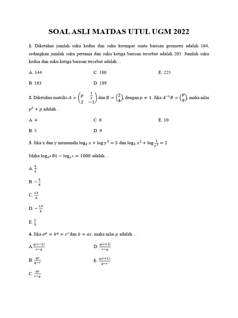 Soal Asli Matdas Utul Ugm 2022 by D | PDF