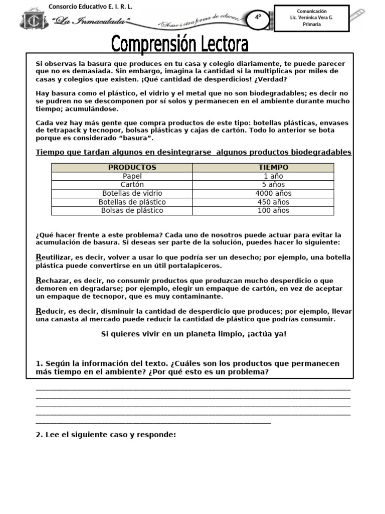 Comprensión Lectora. Reciclaje | PDF | Residuos | El plastico