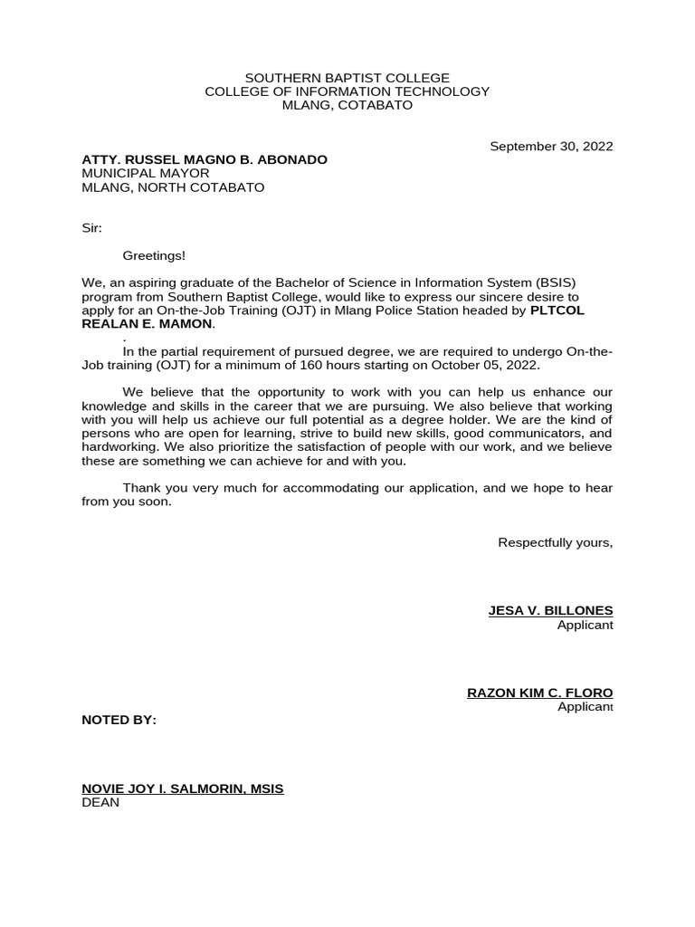 OJT Application for BSIS Students | PDF