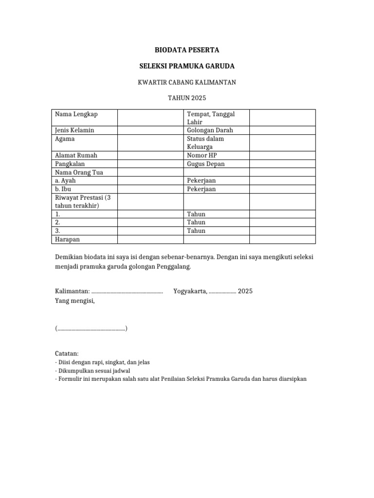 Biodata Seleksi Pramuka Garuda 2025 Kalimantan Fix | PDF