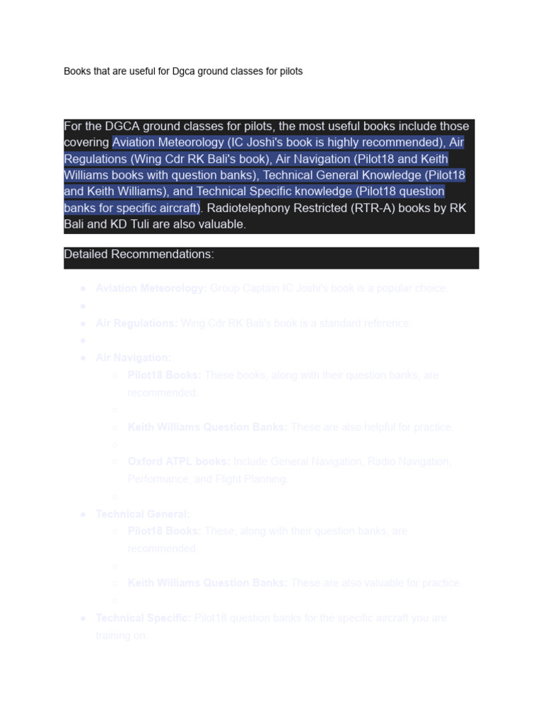Pilot Ground Classes Important Books | PDF