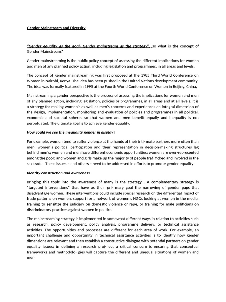 Gender Mainstream and Diversity | PDF | Gender Mainstreaming | Social ...