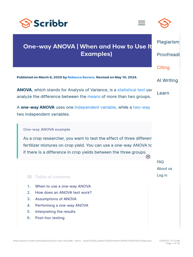 One-Way ANOVA - When and How To Use It (With Examples) | PDF | F Test ...