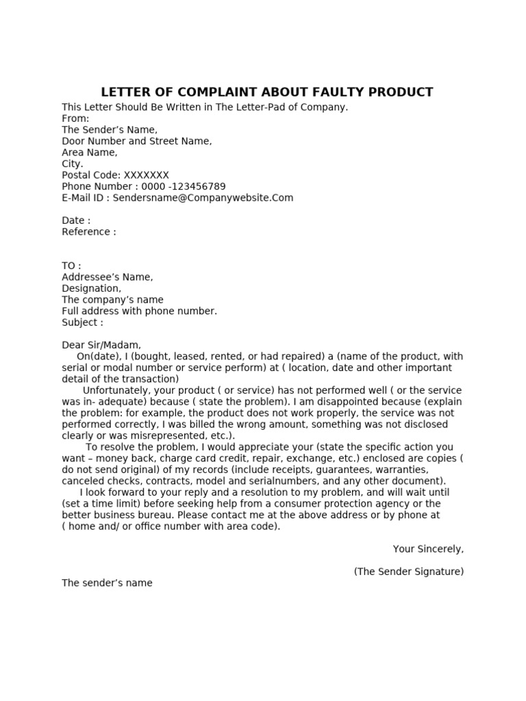Letter of Complaint About Faulty Product | PDF