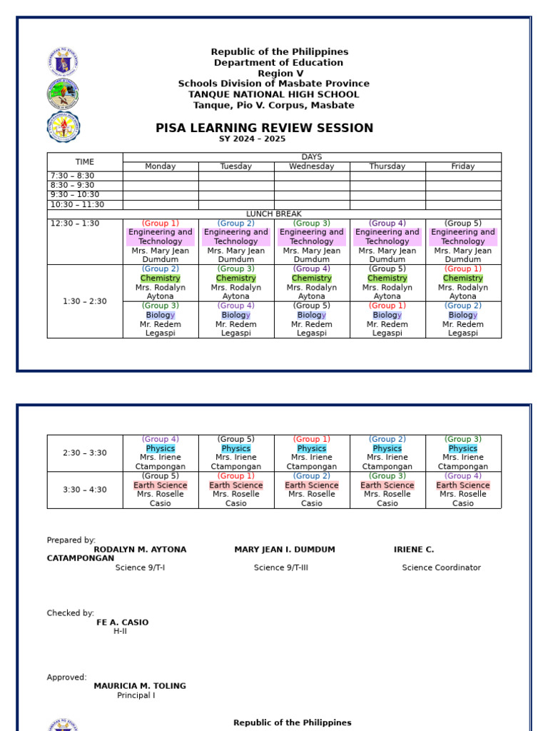 Schedule For Pisa Learning Review Session | PDF
