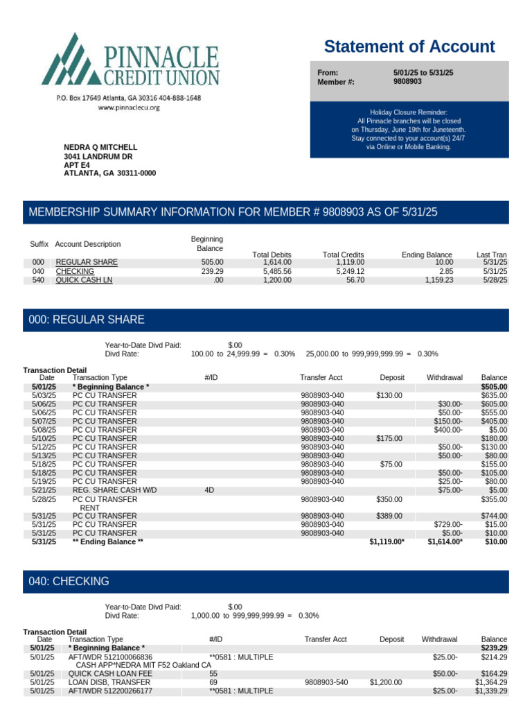 Pinnacle Credit Union Account Statement | PDF | Credit Card | Interest