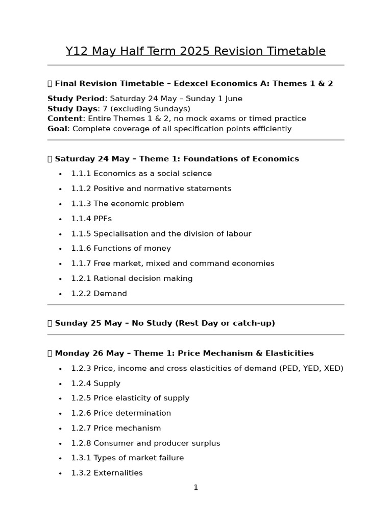 Y12 May Half Term 2025 Revision Timetable - Student | PDF | Economics | Fiscal Multiplier