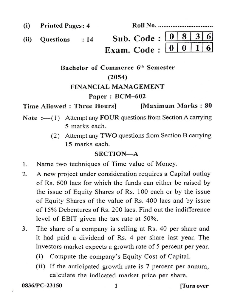 BCom 6th Sem BCM-602 Financial Management May 2024 | PDF