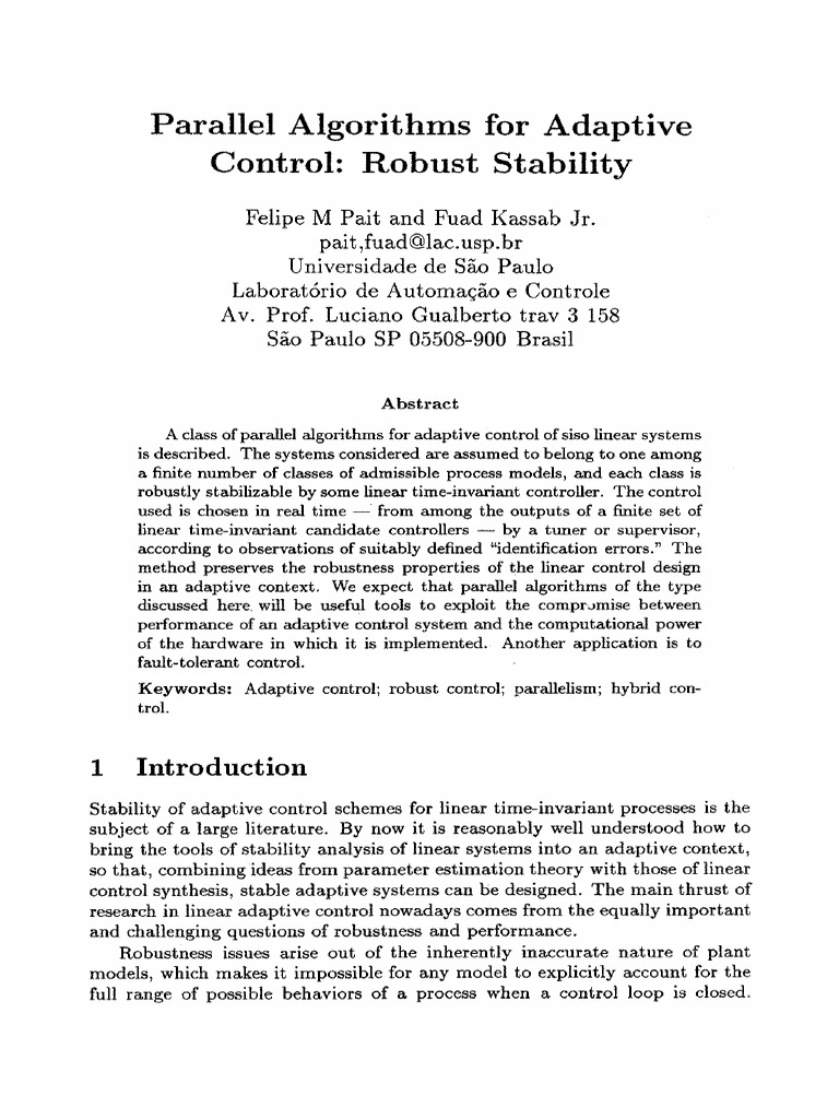 F M Pail & F Kassab JR 1997 Parallel Algorithms For Adaptive Control - Robust Stability | PDF ...