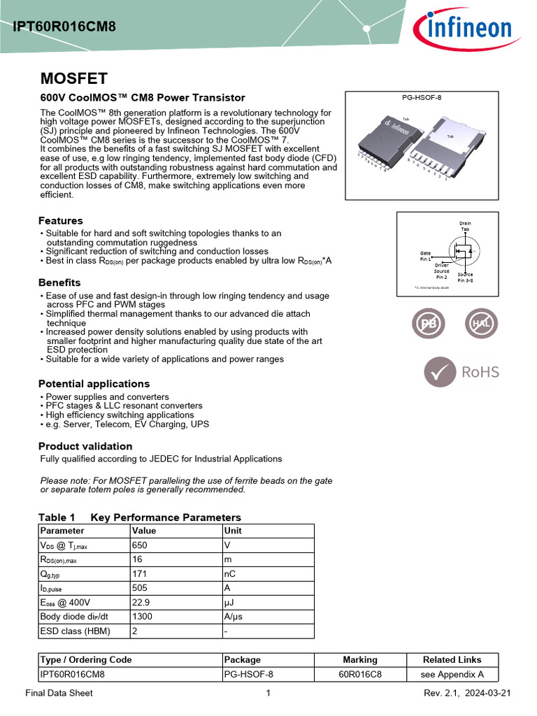 Infineon IPT60R016CM8 DataSheet v02 01 en | PDF | Printed Circuit Board | Diode