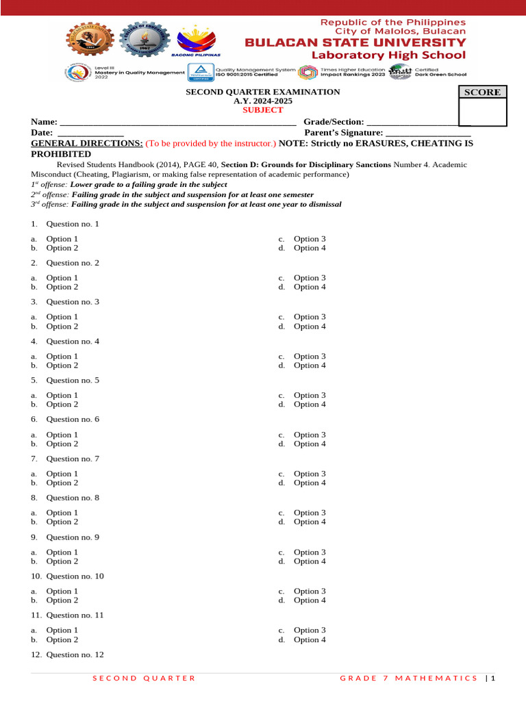 Grade 7 Mathematics Exam Q2 2024-2025 | PDF | Chess Theory | Chess