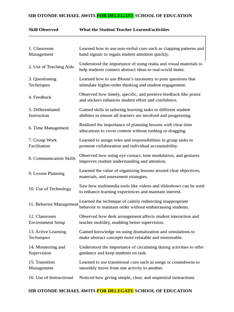 Skill Observed Plus Activities For P Practicum | PDF | Learning | Teachers