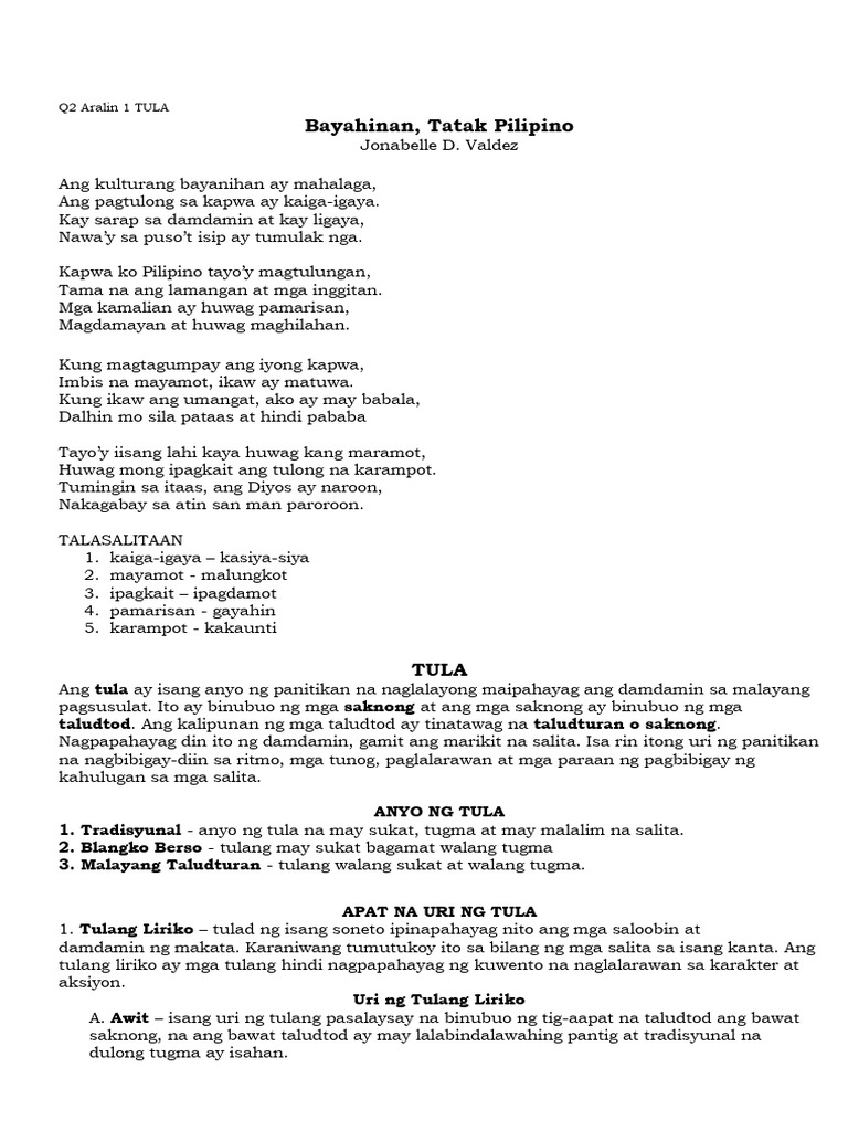 Q2 Aralin 1 TULA (Kopya NG Aralin) | PDF