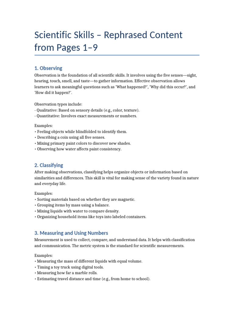 Scientific Skills Pages 1 To 9 Rephrased | PDF | Observation | Measurement