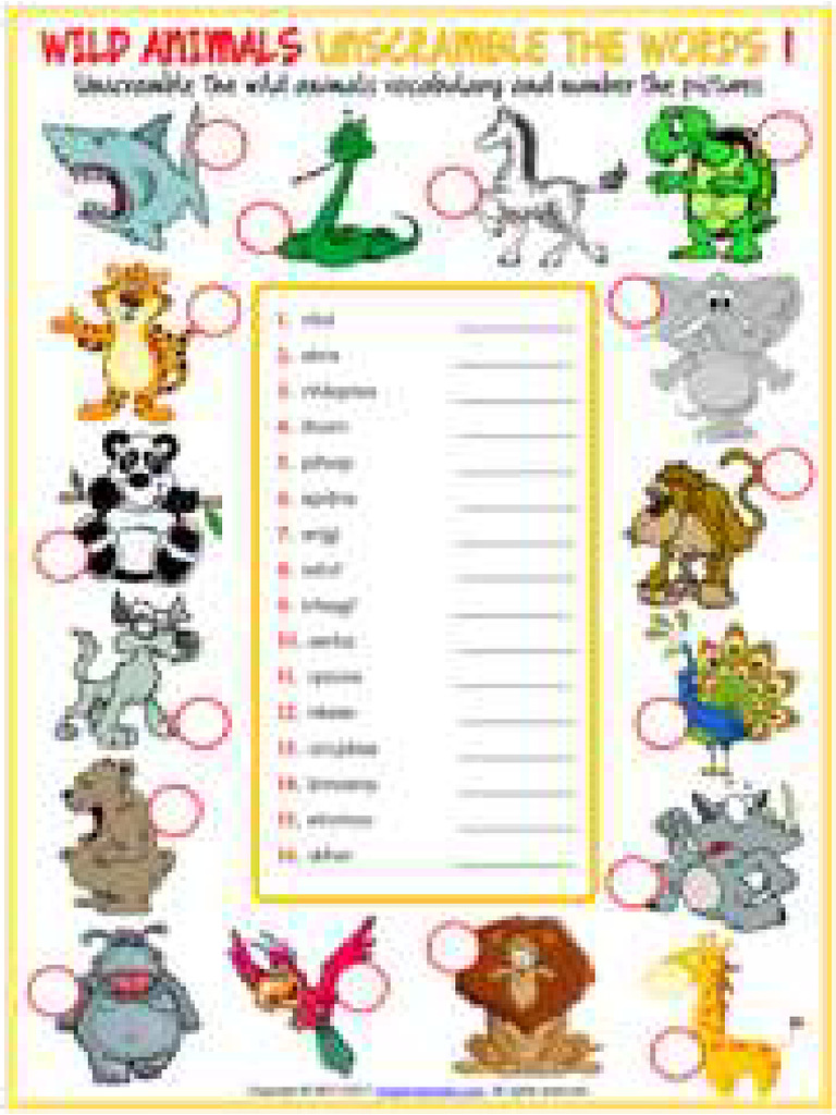 Animals Vocabulary Esl Unscramble The Words Worksheets For Kids Icon | PDF