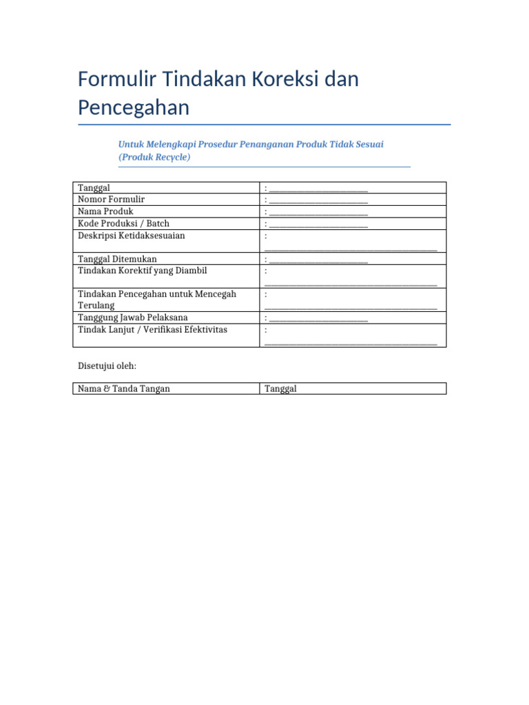 Formulir Tindakan Koreksi Pencegahan | PDF
