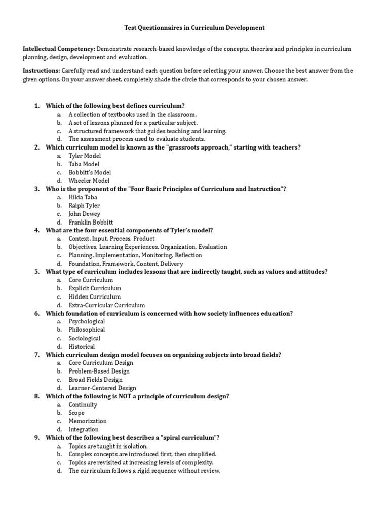 Test Questionnaires in Curriculum Development (Prof Ed) | PDF ...