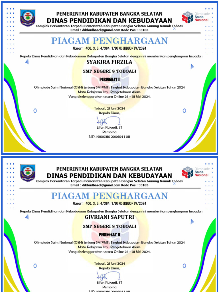 Piagam Penghargaan OSN 2024 Kabupaten | PDF