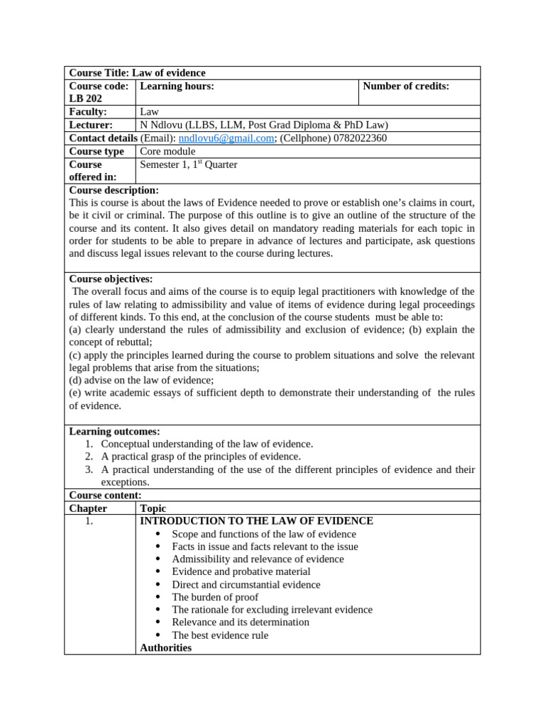 Evidence Law Course Outline | PDF | Evidence (Law) | Burden Of Proof (Law)