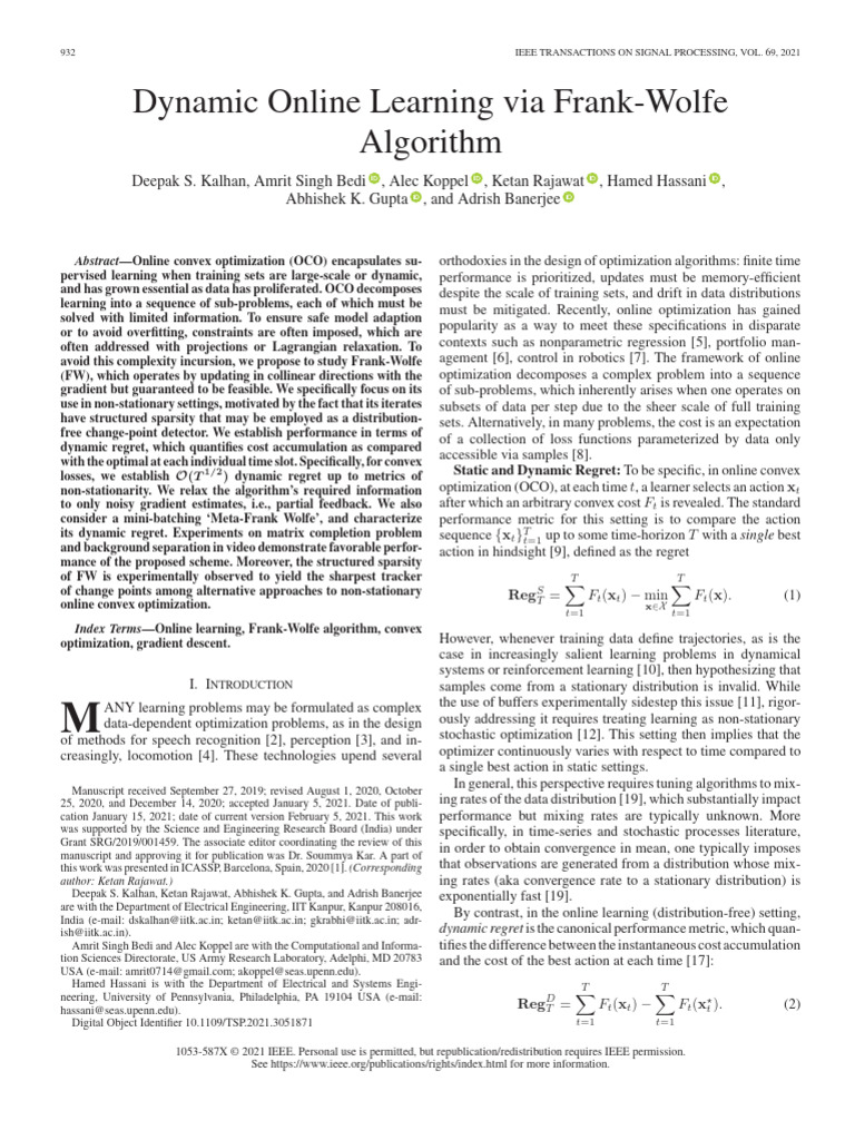 Dynamic Online Learning Via Frank-Wolfe Algorithm | PDF | Mathematical Optimization | Applied ...