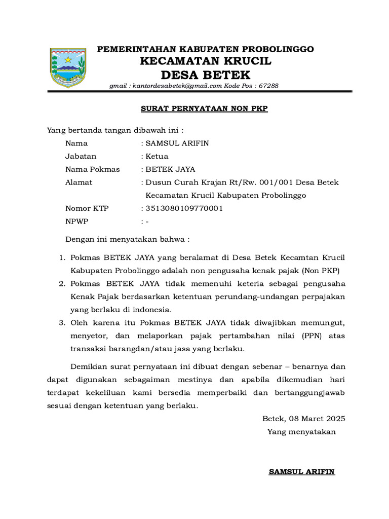 Surat Pernyataan Non PKP Pokmas Betek Jaya | PDF