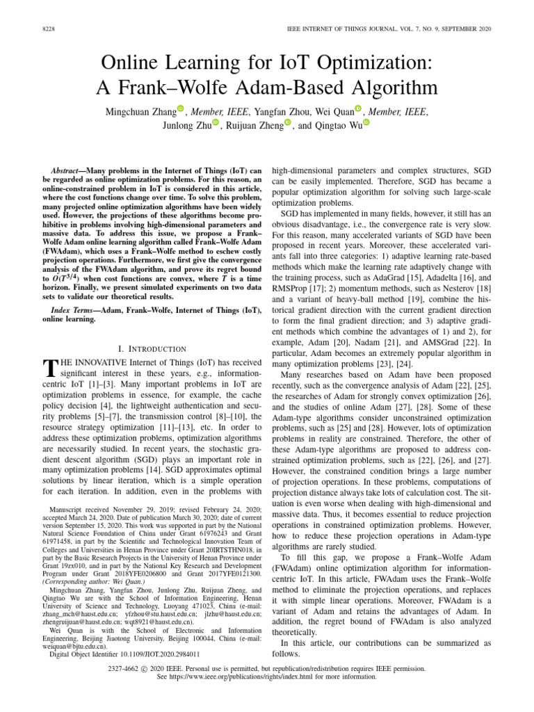 Online Learning For IoT Optimization A FrankWolfe Adam-Based Algorithm | PDF | Mathematical ...