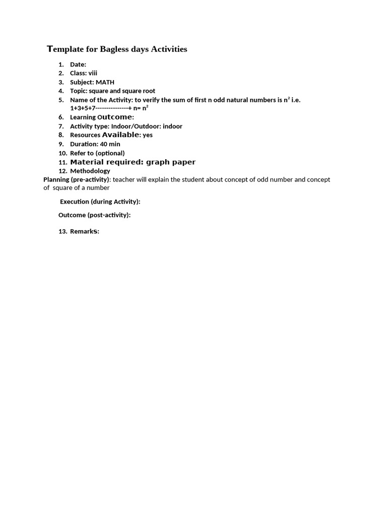 Template For Bagless Days Activities | PDF