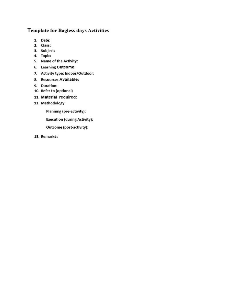 Template For Bagless Days Activities | PDF
