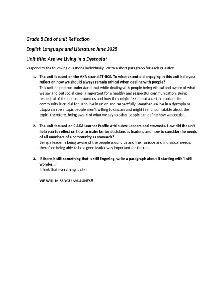 Grade 8 Dystopia Unit Reflection | PDF