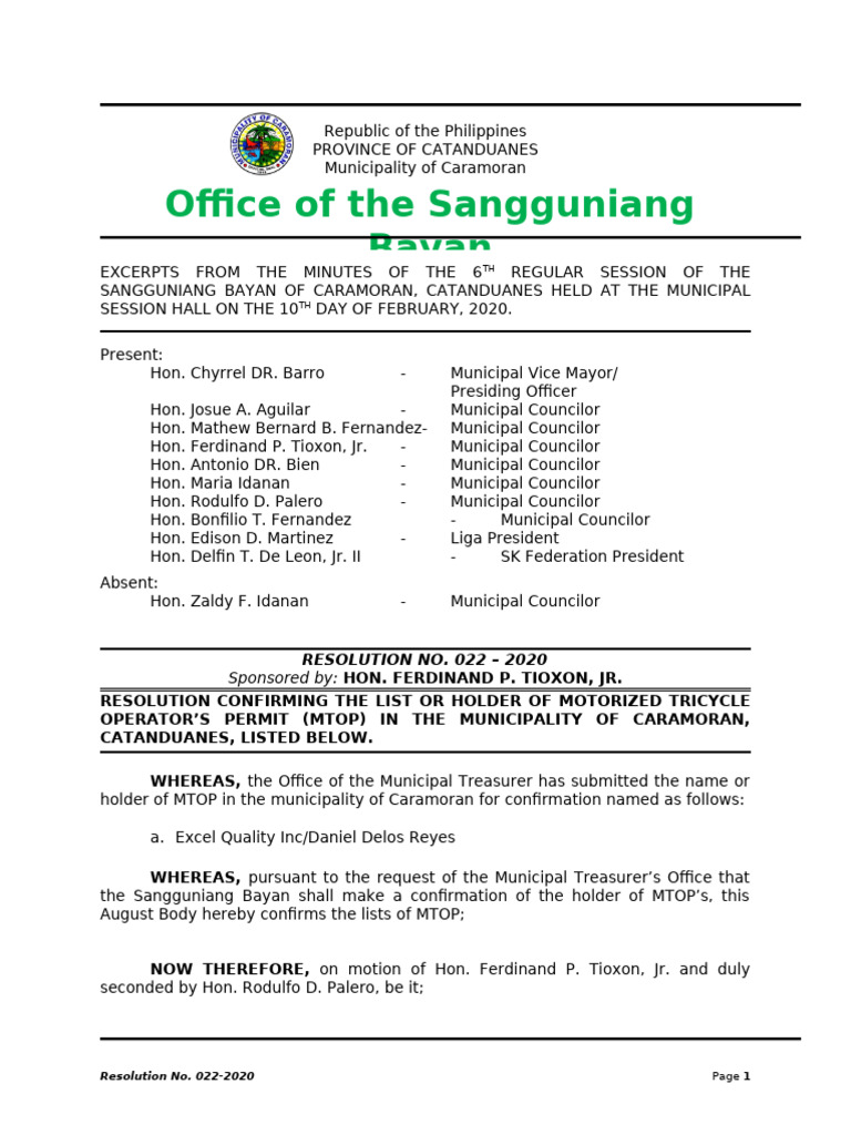 Resolution No. 022-2020 Mtop | PDF | Government | Local Government
