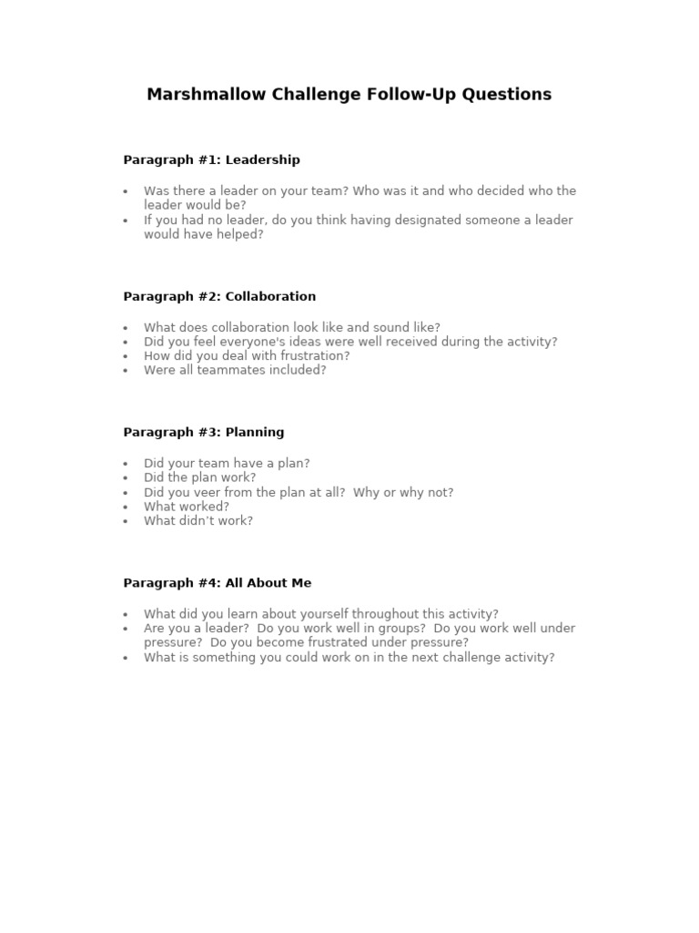 Marshmallow Challenge Reflection Questions | PDF