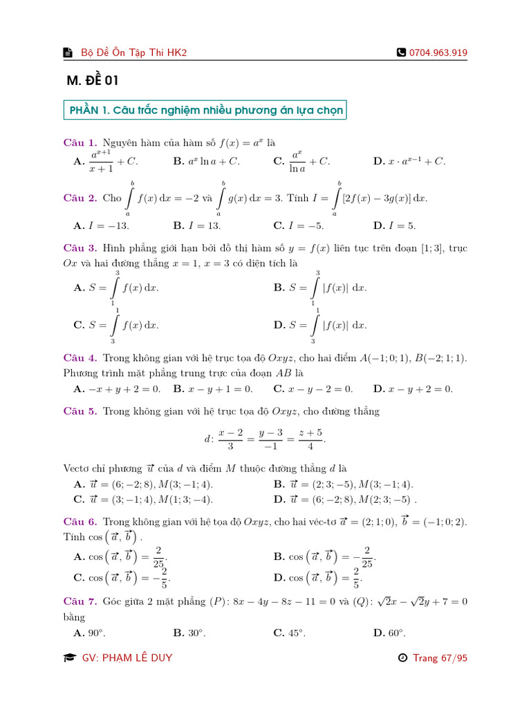 Bo de On Tap Kiem Tra Cuoi Hoc Ki 2 Mon Toan 12 Theo Cau Truc Moi | PDF