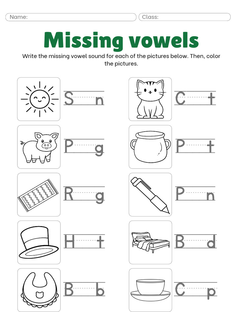Simple Missing Vowels CVC Worksheet in Green White Illustrative Style | PDF