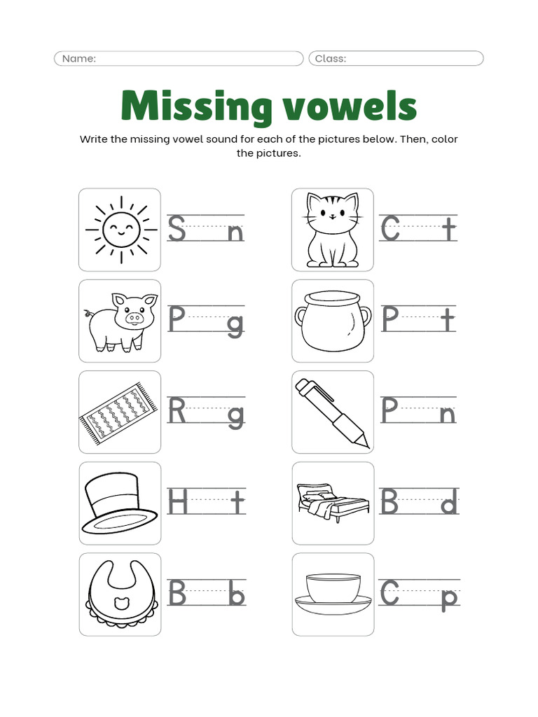 Simple Missing Vowels CVC Worksheet in Green White Illustrative Style | PDF