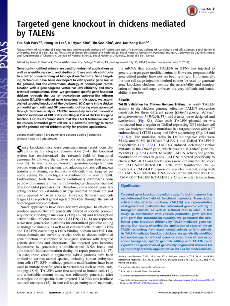 Park Et Al 2014 Targeted Gene Knockout in Chickens Mediated by Talens ...