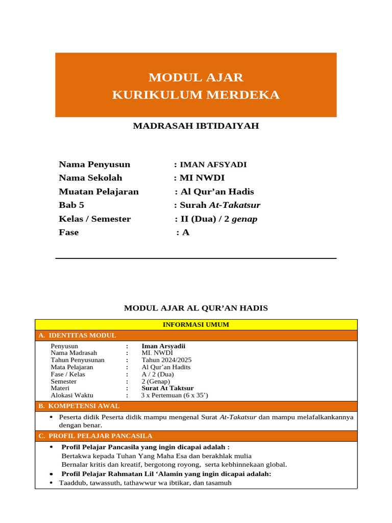 MODUL AJAR 2.6. Surah At-Takatsur | PDF
