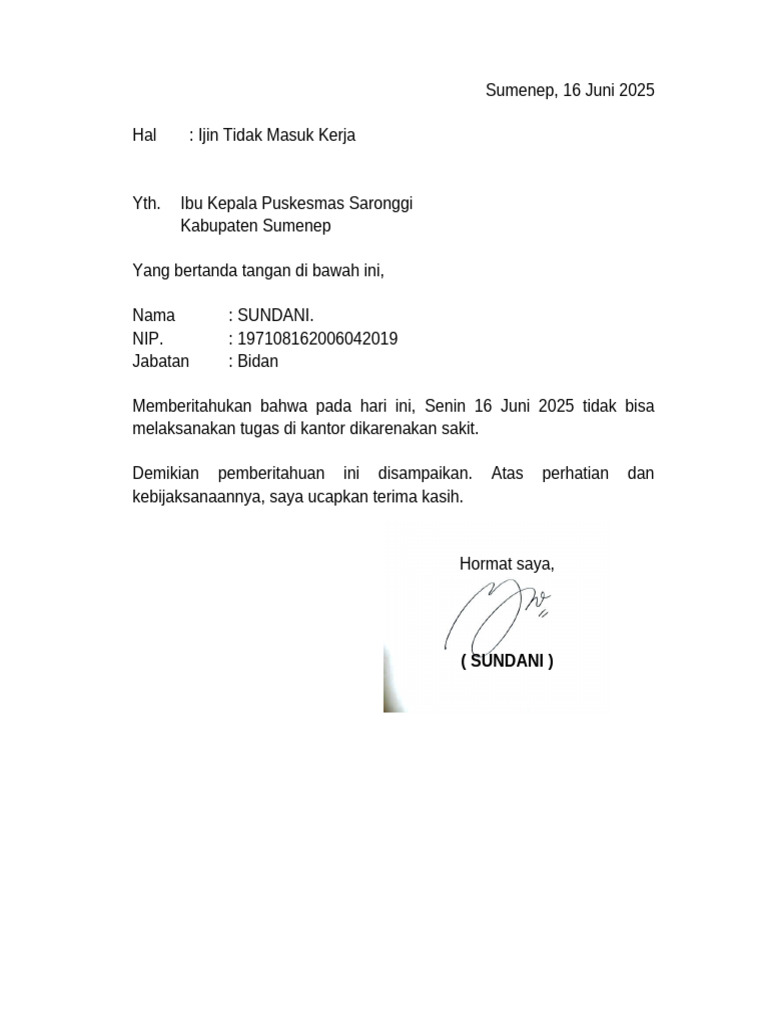 Surat Ijin Tidak Masuk Kerja SUNDANI - 16 Juni 2025 | PDF