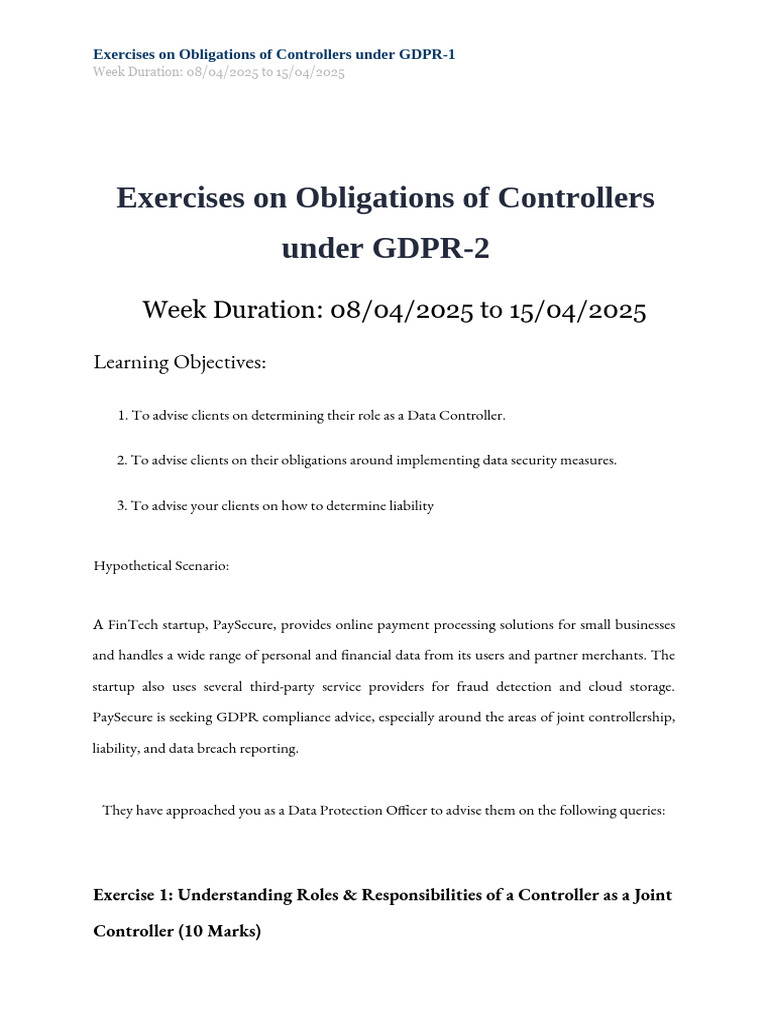 Weekly Exercises On Obligations of Controllers Under GDPR-2 - April ...