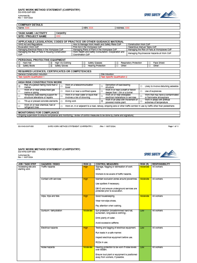 SS WHS SAF 000 Safe Work Method Statement Carpentry | PDF | Personal ...